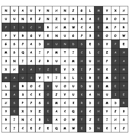 Arbeitsblatt "Die Haustiere" - SUCHSEL mit 10 versteckten Wörtern