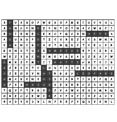 Arbeitsblatt "Tiere" - SUCHSEL mit 10 versteckten Wörtern