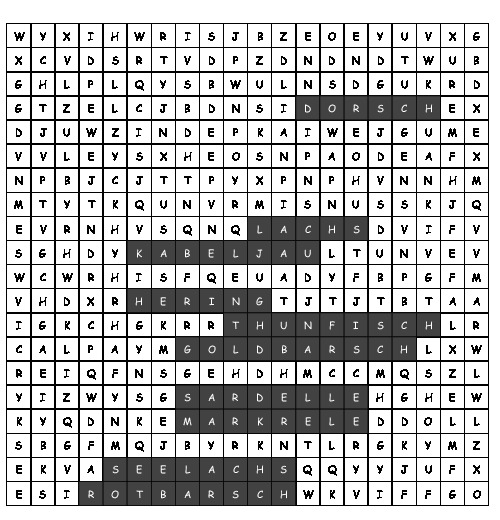 Arbeitsblatt "Seefische" - SUCHSEL mit 10 versteckten Wörtern