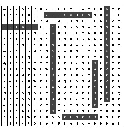 Arbeitsblatt "Frühblüher " - SUCHSEL mit 6 versteckten Wörtern