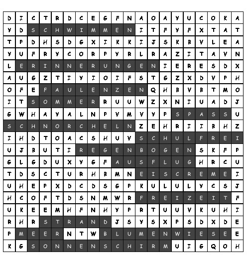 Arbeitsblatt "Ferien" - SUCHSEL mit 15 versteckten Wörtern
