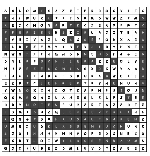Arbeitsblatt "In der Schule " - SUCHSEL mit 17 versteckten Wörtern