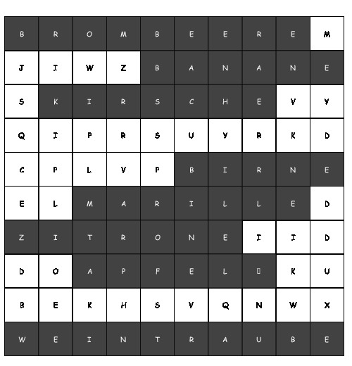 Arbeitsblatt "Obst" - SUCHSEL mit 8 versteckten Wörtern