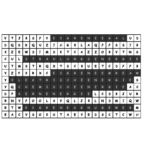 Arbeitsblatt "Energieformen" - SUCHSEL mit 7 versteckten Wörtern